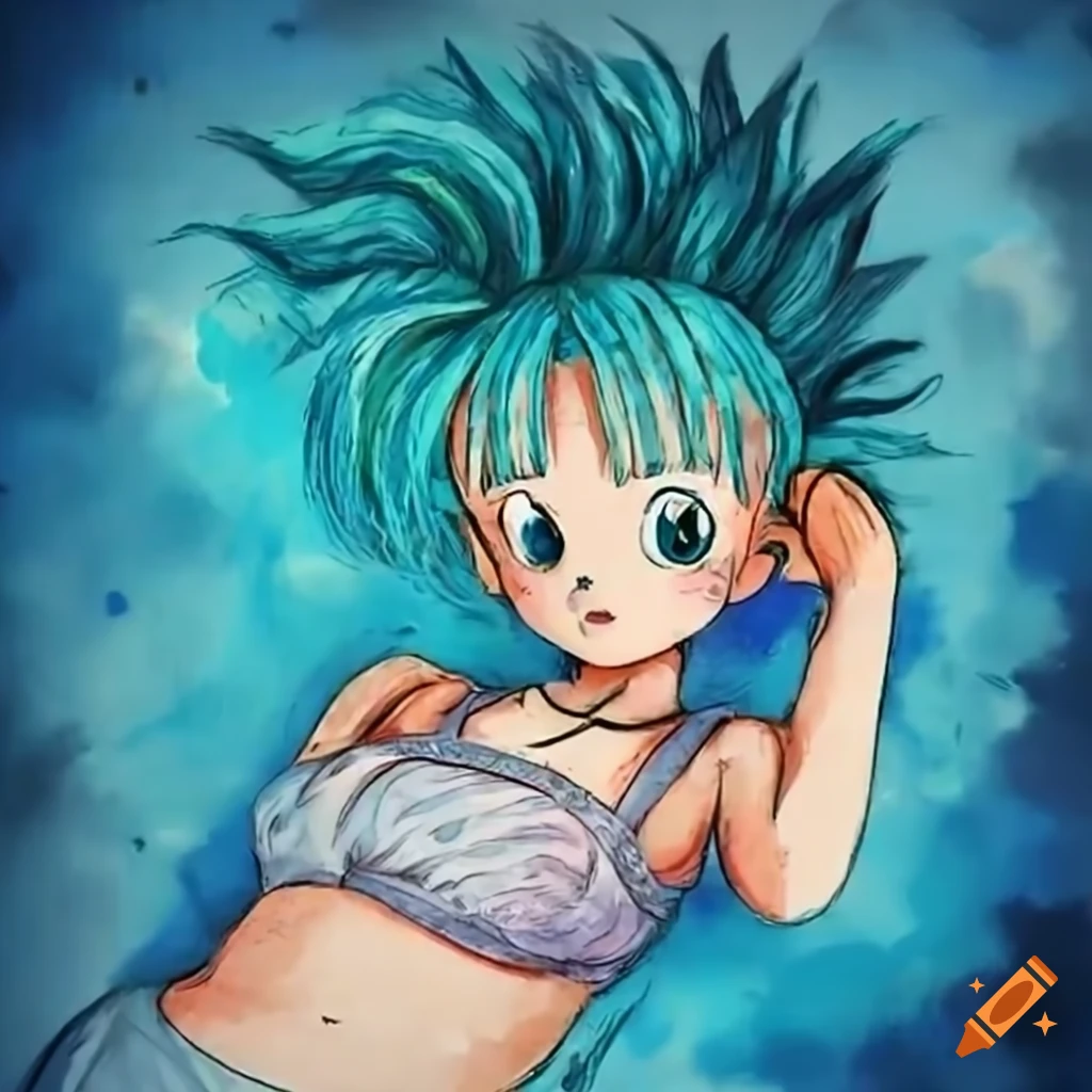 Bulma Briefs with turquoise hair laying in bed wearing denim vest and blue jeans on Craiyon