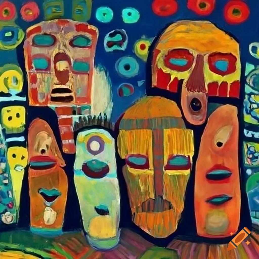 Two boys dancing in a colorful field surrounded by African masks ...