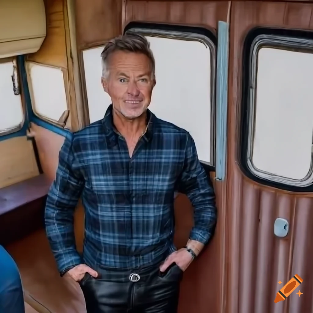 Young man resembling British Martin Kemp in plaid shirt and black ...