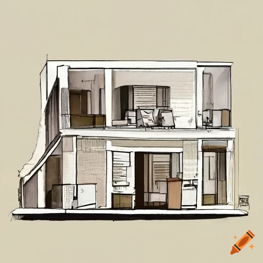 Cutaway view of a modern home in technical architectural style on Craiyon