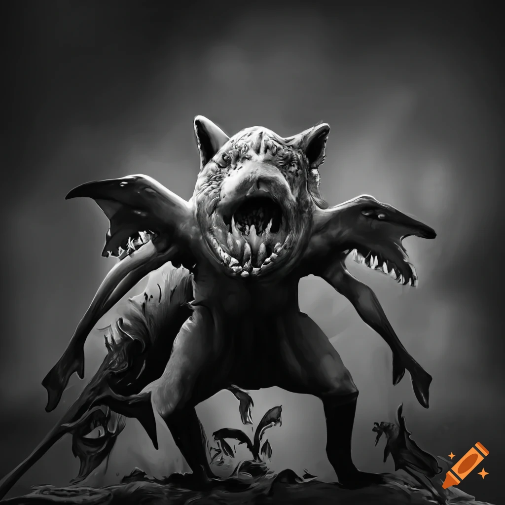 Black and white image of a shark-wolf hybrid monster on Craiyon