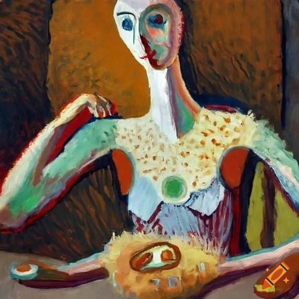 Ballerina with elongated features sitting at a table with an African ...
