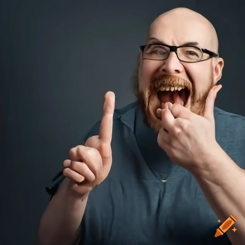 Man with glasses and a beard screaming with raised fingers on Craiyon