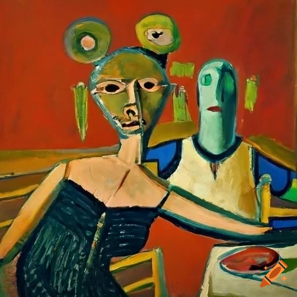 Ballerina with extended arms and neck sitting at a table with an ...