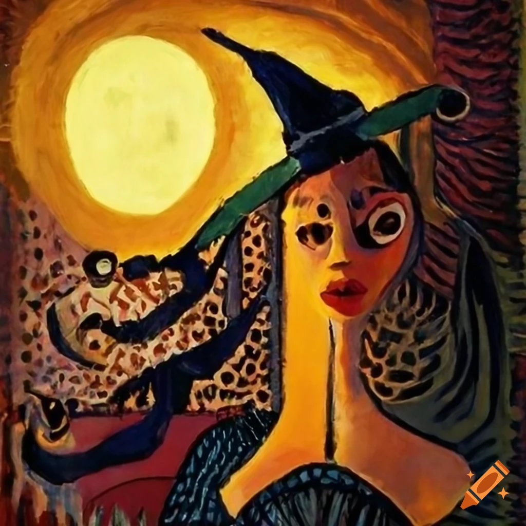 Beautiful witch dancing among African masks, sunflowers, and aliens in ...