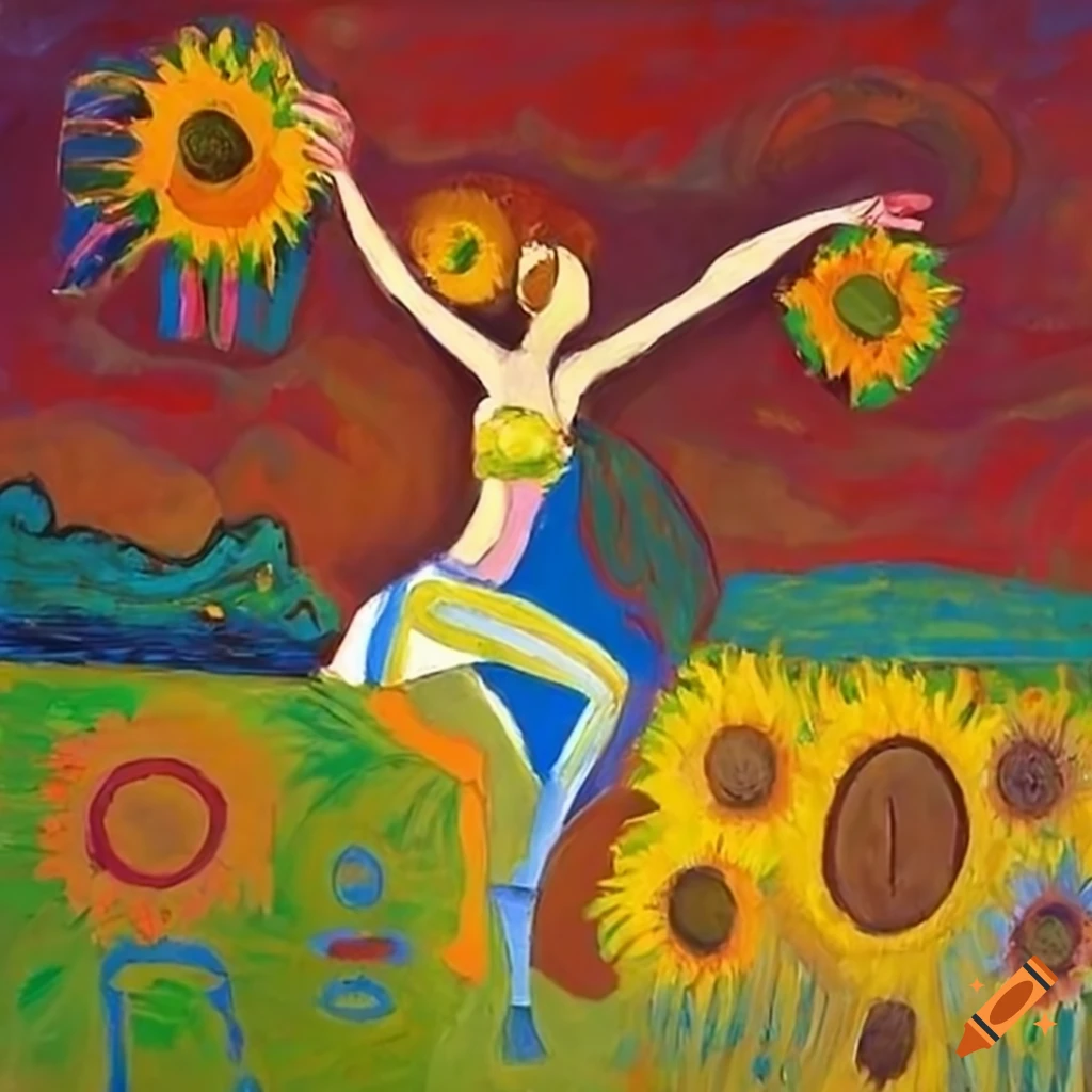 Ballerina dancing with aliens in a field of african masks and ...