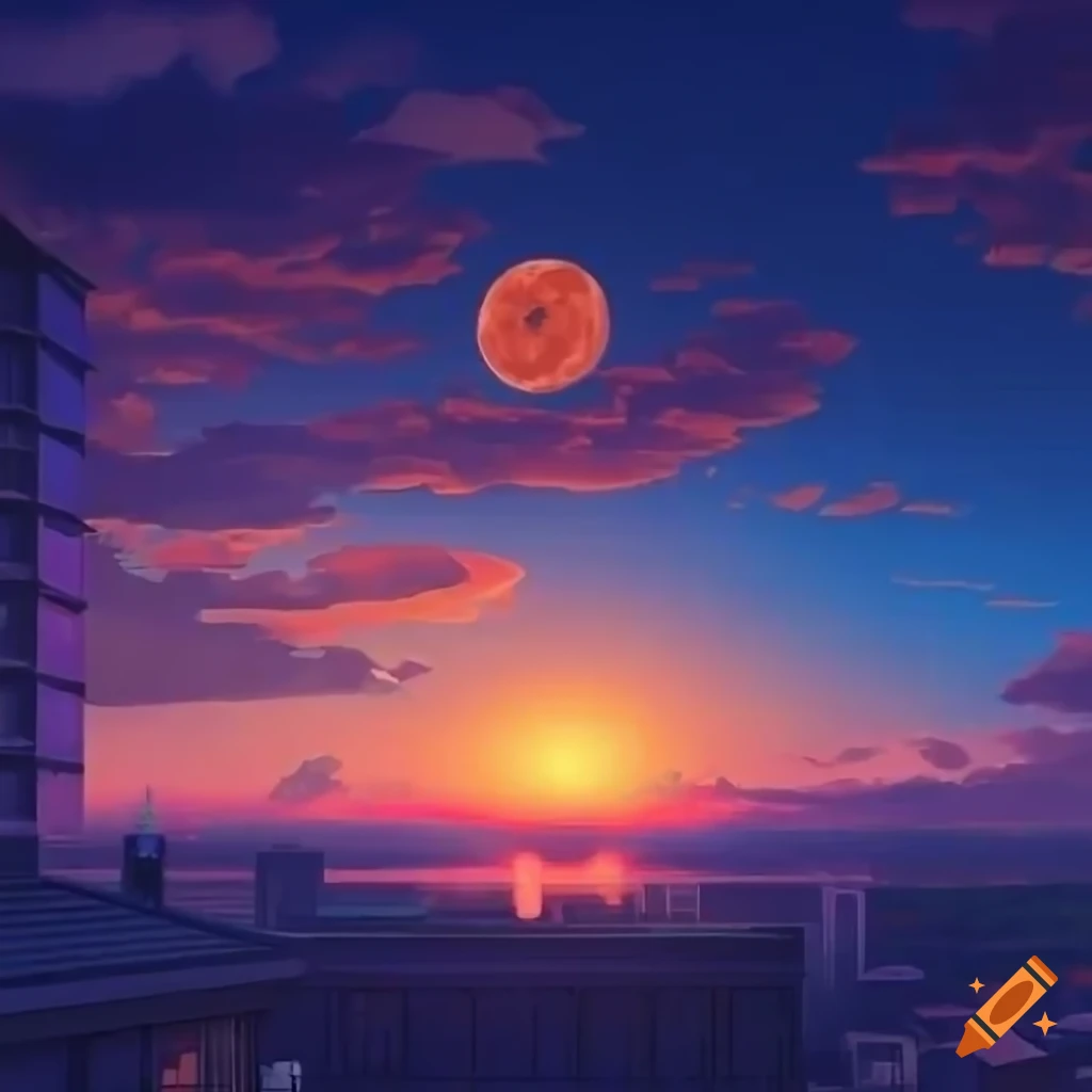 Sun and moon in the same sky with blue and orange tints in anime style ...
