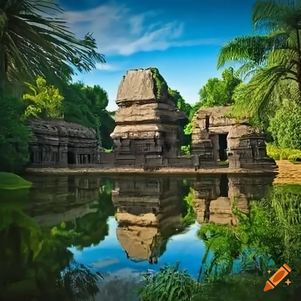 Ancient Neolithic temple made from timbers in a lush oasis on Craiyon