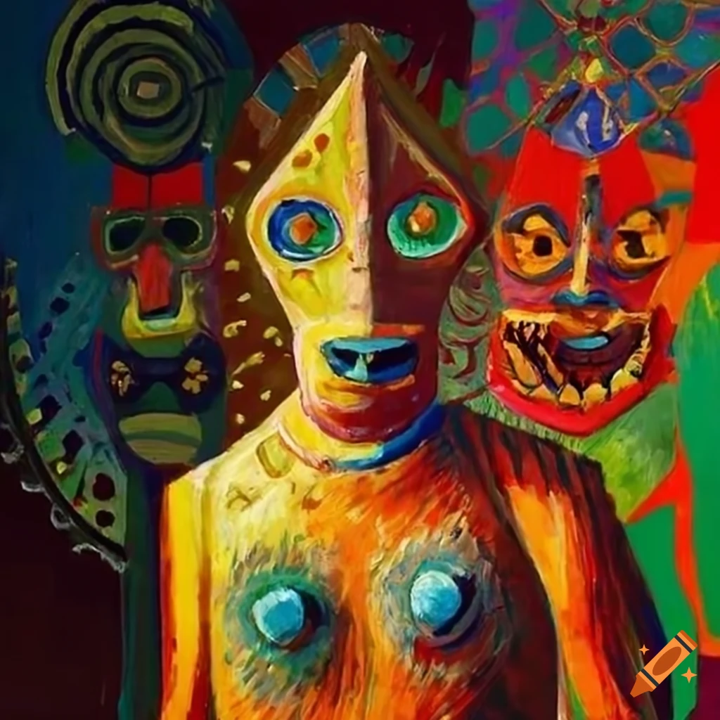 Graceful dancing in a colorful field with African masks and aliens in ...