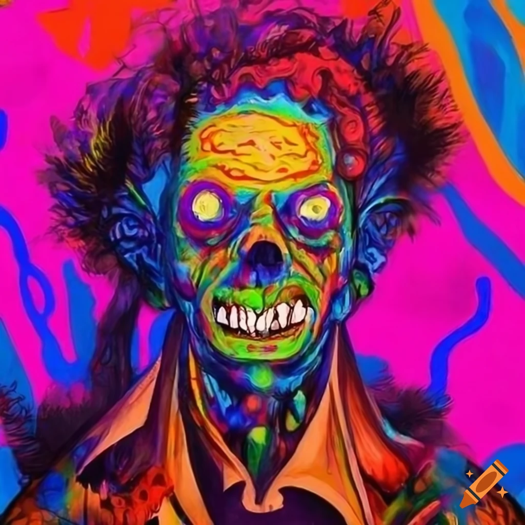 1960s psychedelic neon zombie portrait inspired by surreal pop culture ...
