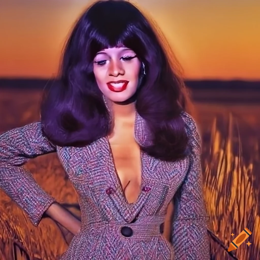 Ronnie spector in 70s chic style at sunset in a wheat field on Craiyon