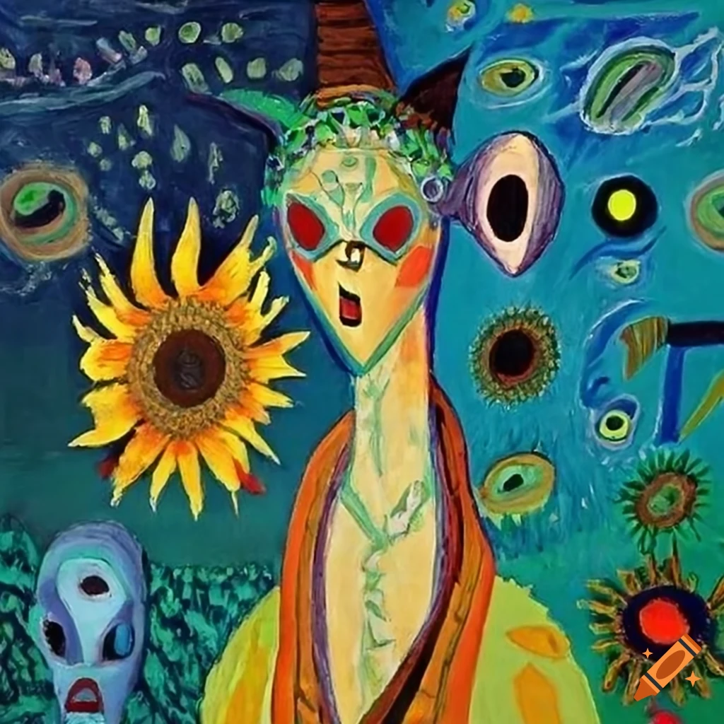 Graceful witch dancing with moon, aliens, African masks, and sunflowers ...