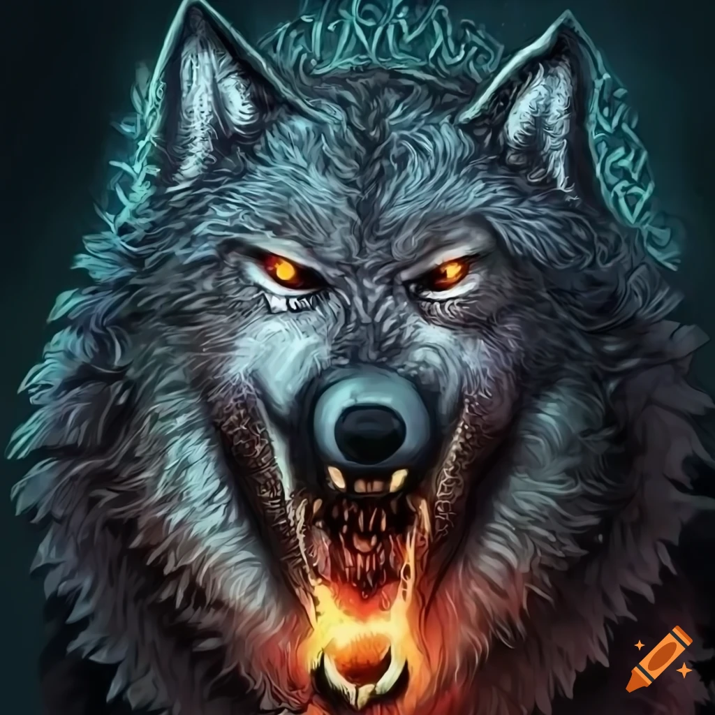 Detailed and ominous portrait of Norse wolf Fenrir on Craiyon