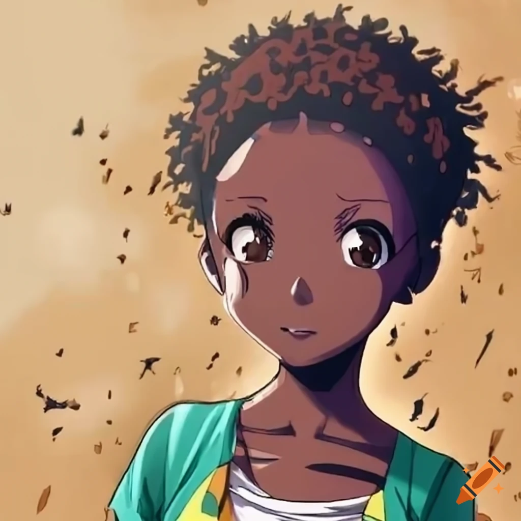 Anime depiction of an african girl leaning against a mud house wall on ...