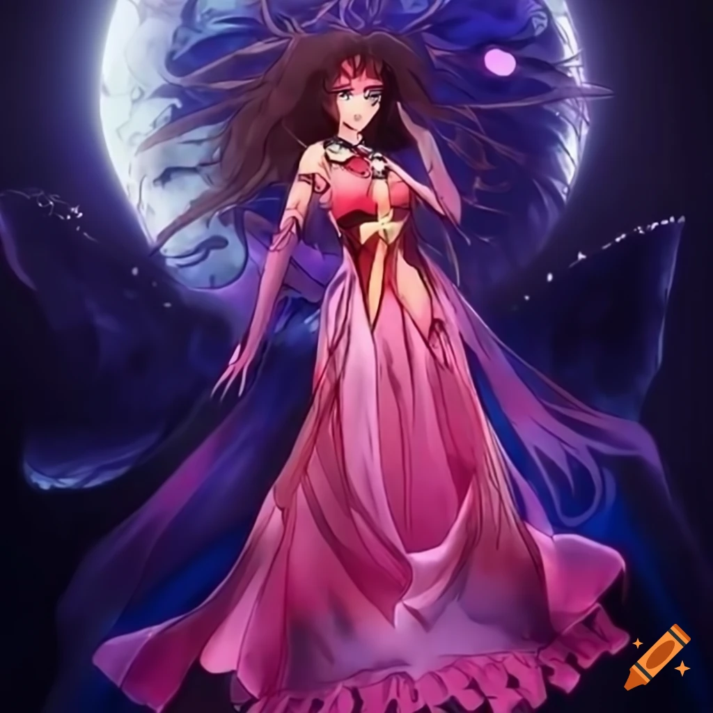Anime queen with magical powers in a stunning dress under the stars on ...