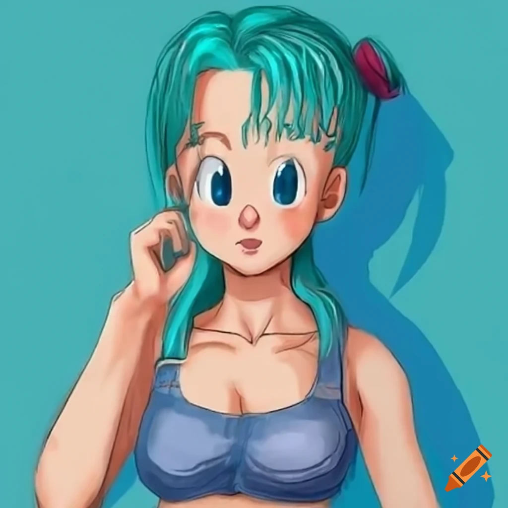 Bulma Briefs With Turquoise Hair Lying In Bed Wearing Denim Vest And Blue Jeans On Craiyon