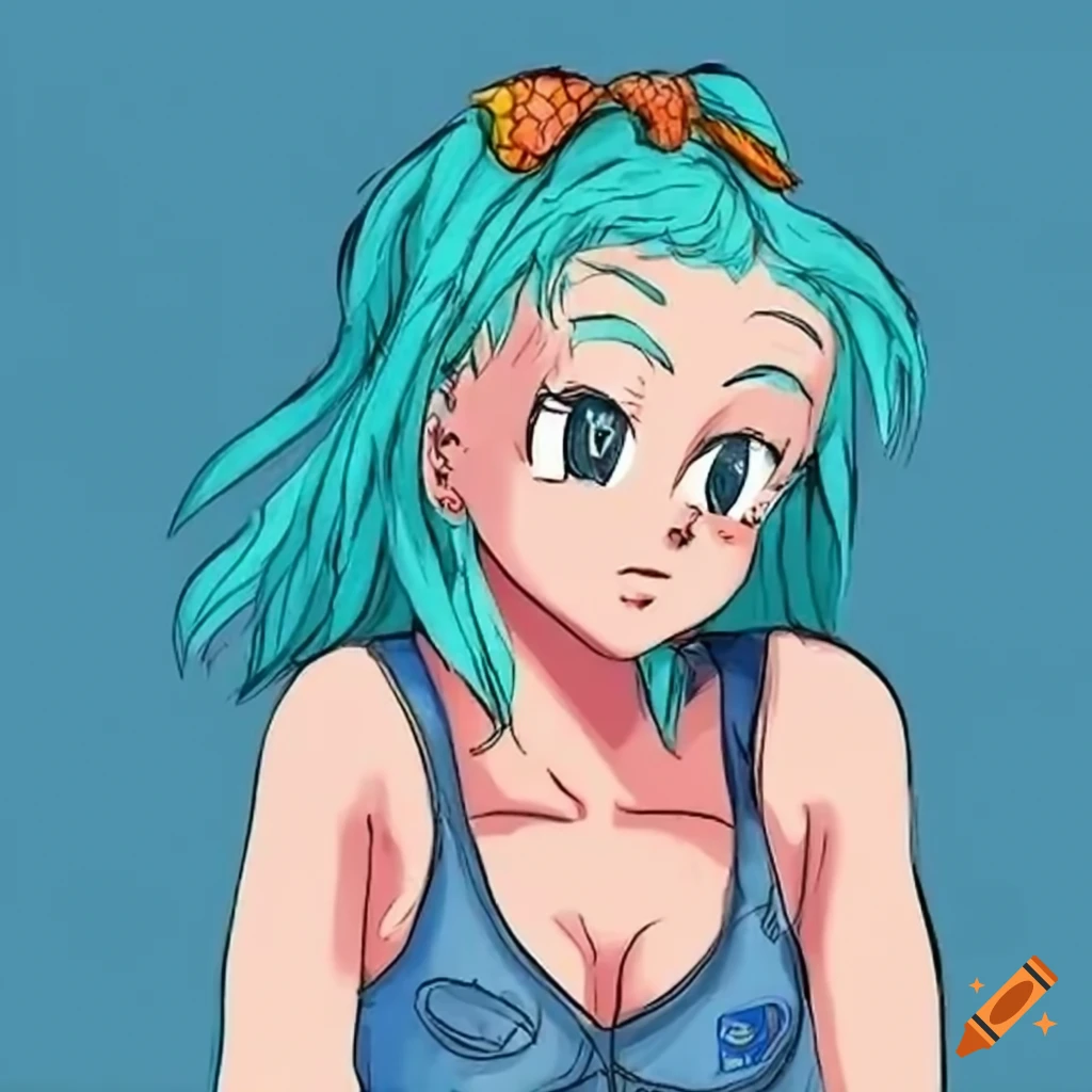 Bulma briefs with turquoise hair in denim vest and jeans resting on a bed on Craiyon