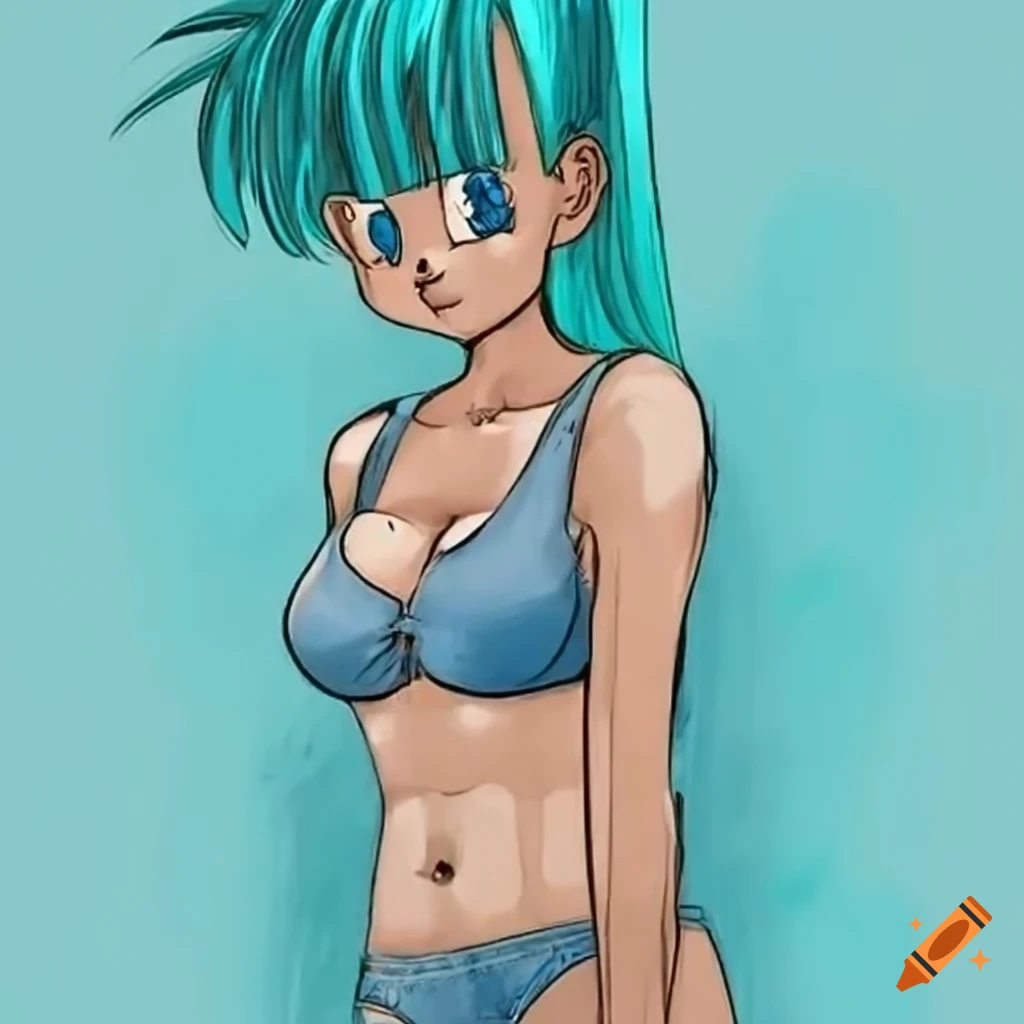 Bulma Briefs With Turquoise Hair In Denim Vest And Blue Jeans On A Bed On Craiyon
