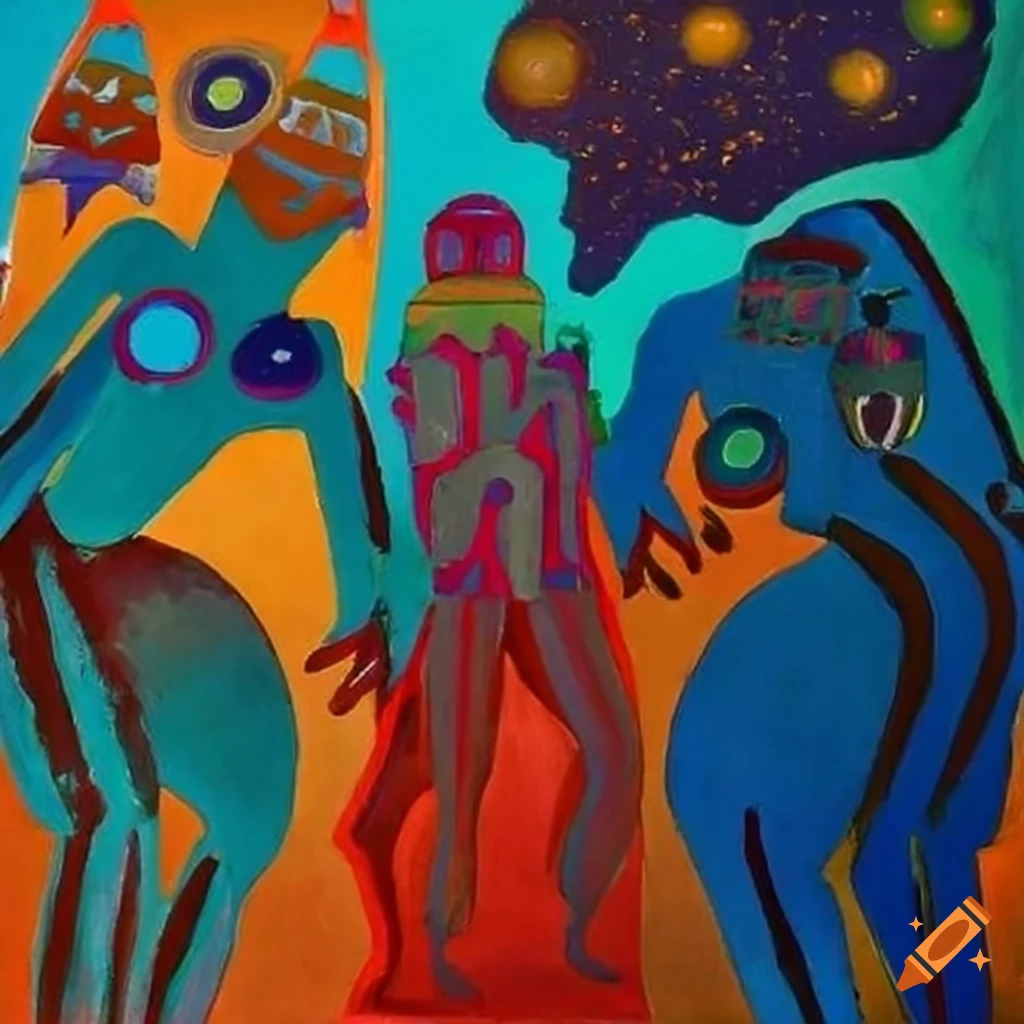 Silhouettes of dancing boys with aliens and African masks in outer ...