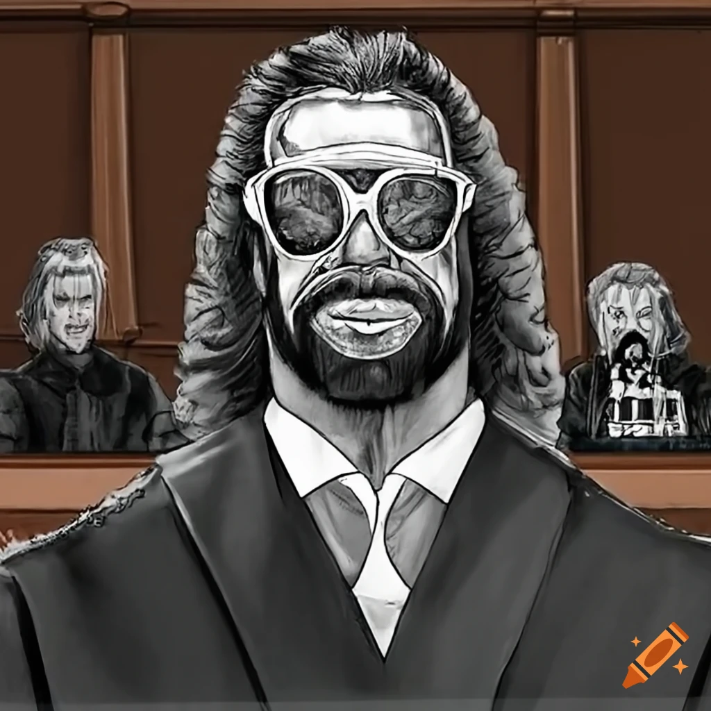 Macho Man Randy Savage in judge attire during courtroom sketch on Craiyon