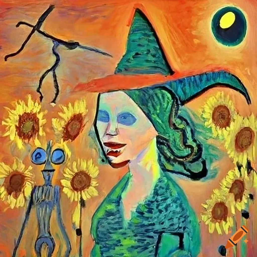 Beautiful witch dancing with moon and aliens in field of African masks ...