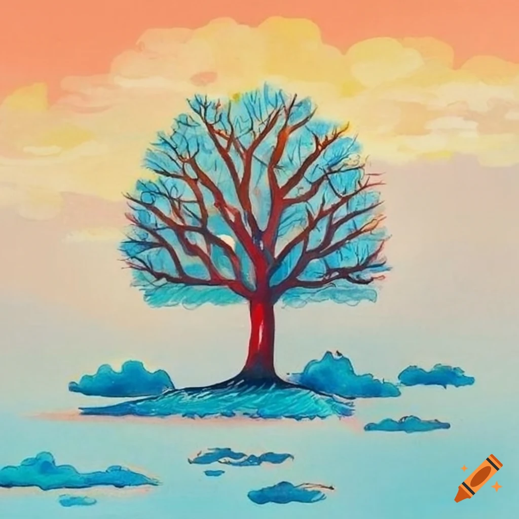 Naive drawing of a tree with seven branches and clouds above on Craiyon