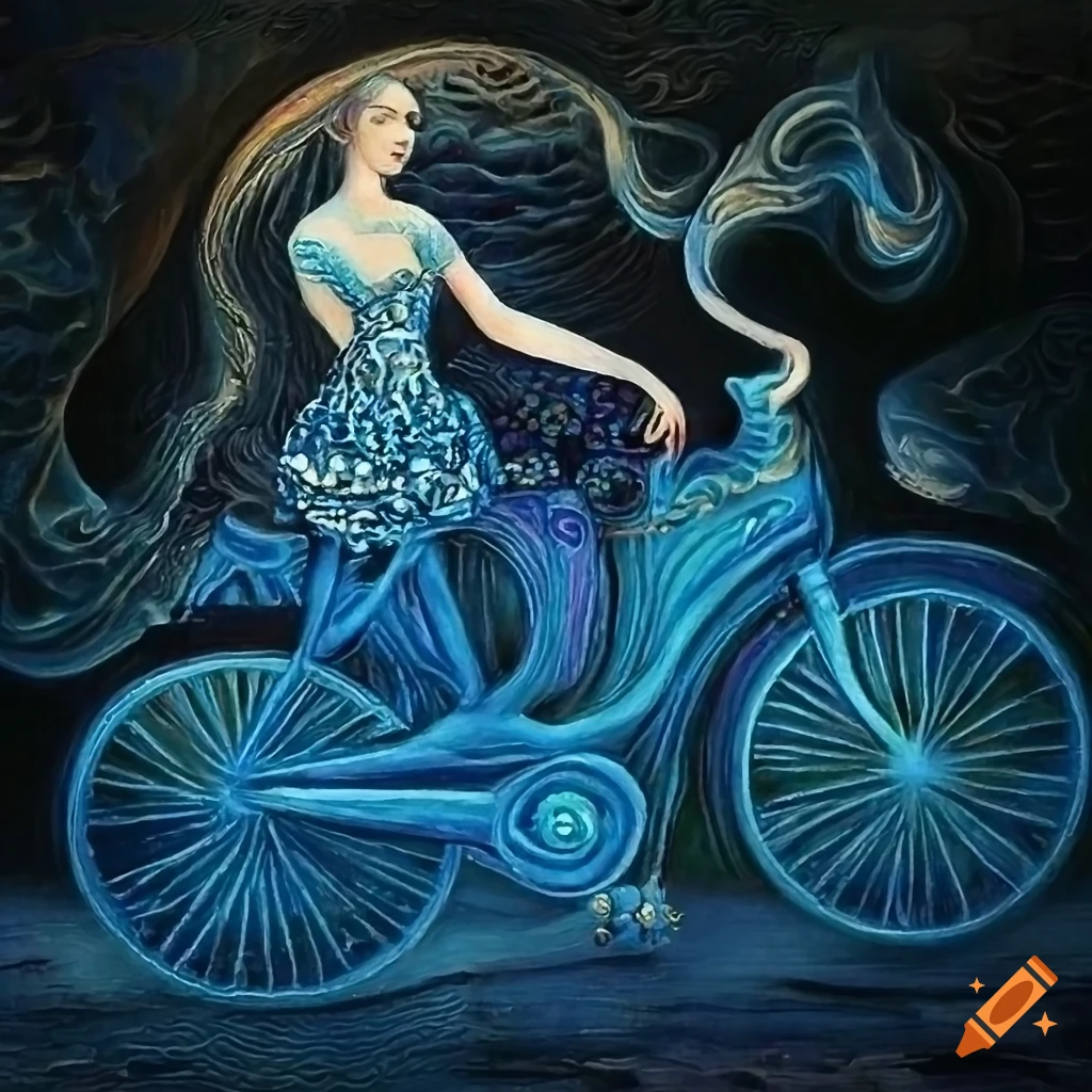 Epic supernatural patchwork art featuring a whimsical blue bicycle in detailed oil painting ...
