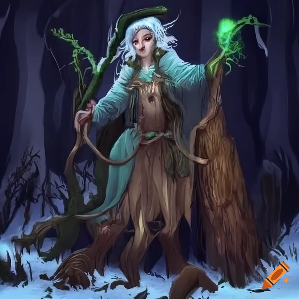 Druid locating an oak tree in a snowy forest in fantasy art style on ...
