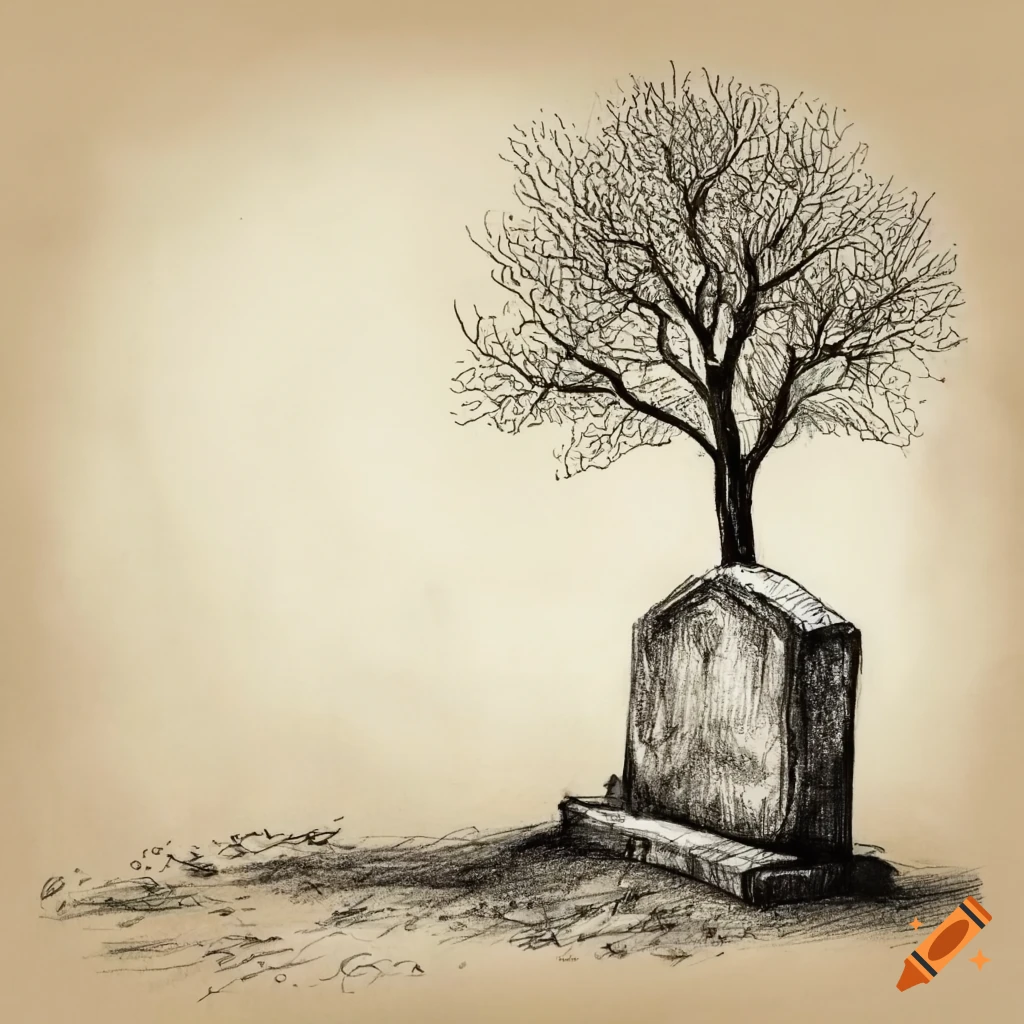Lonely tombstone with a leafless tree in a barren field on old paper on ...