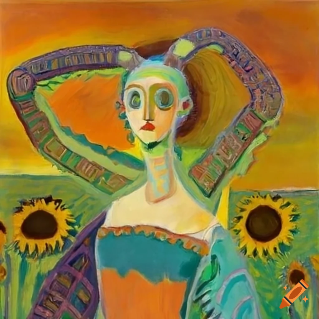 Ballerina dancing with aliens in a field of african masks and ...