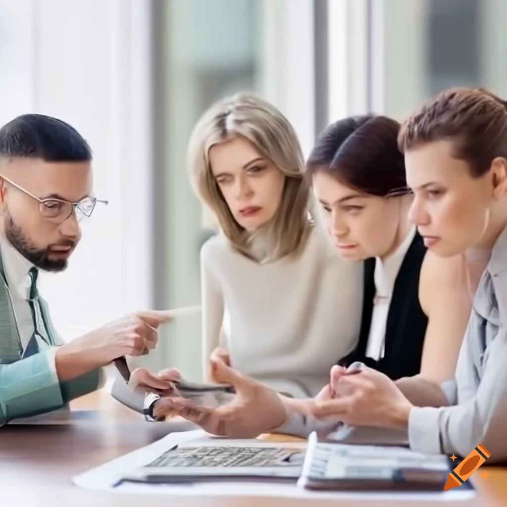Bustling banking environment with stacks of cash and serious employees ...