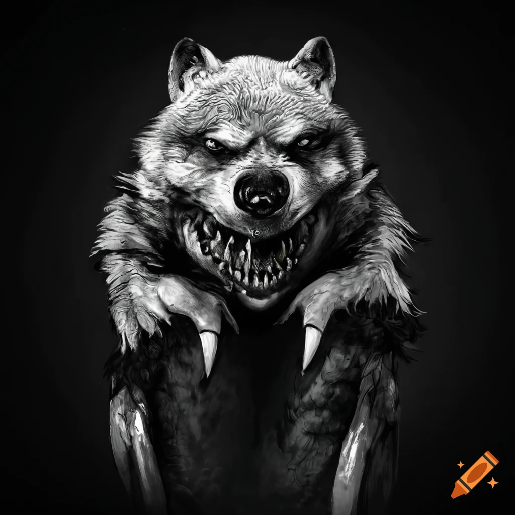 Black and white image of a shark-wolf hybrid monster on Craiyon