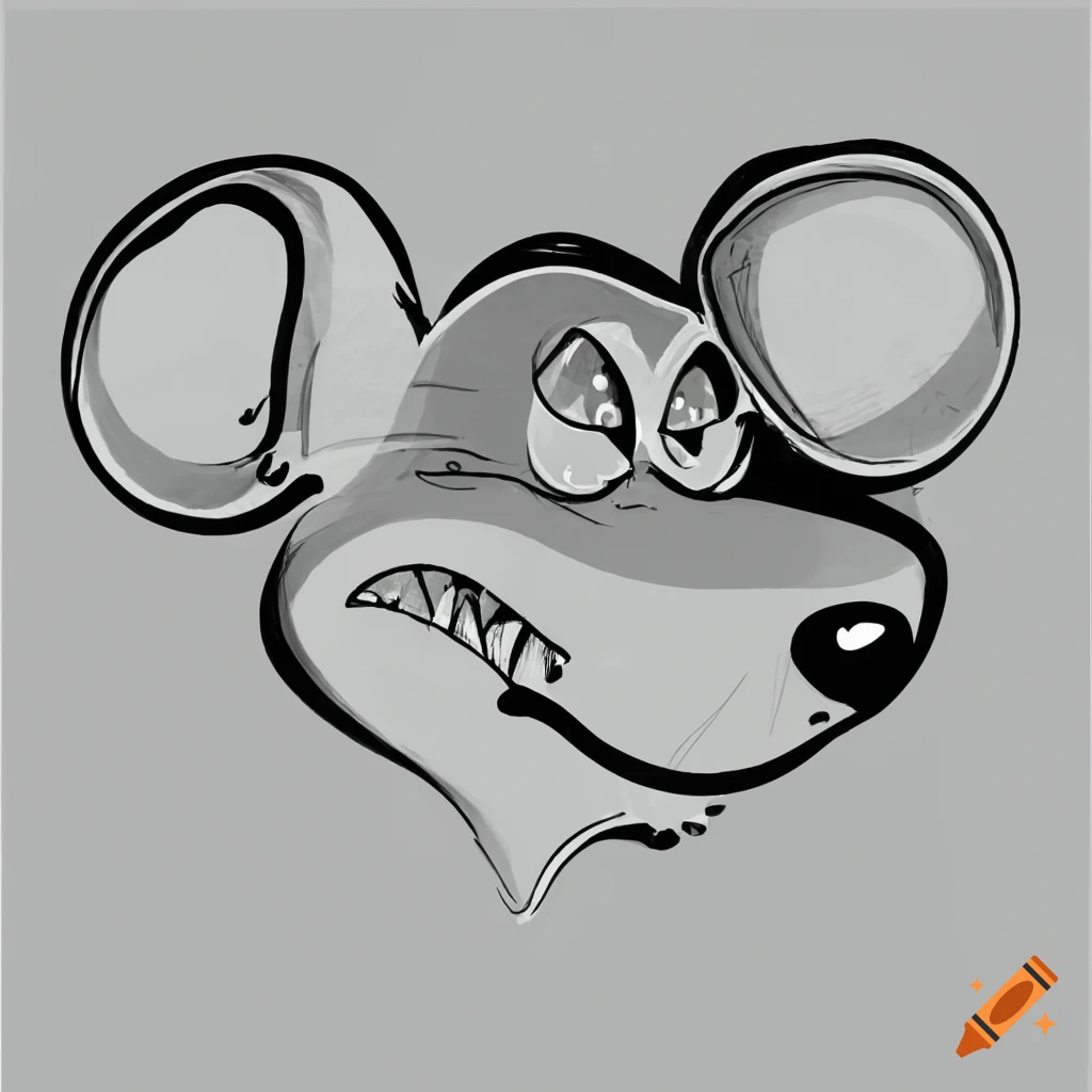 Stylized angry mouse head in black and white cartoon style on Craiyon