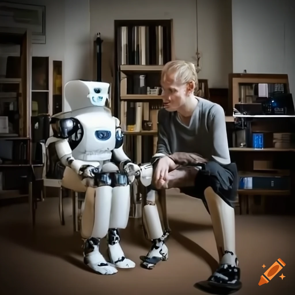 Robot and human sitting at a table talking on Craiyon