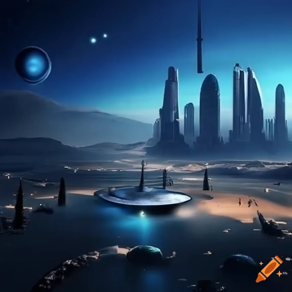 Vivid futuristic city on a deserted alien planet with multiple planets ...