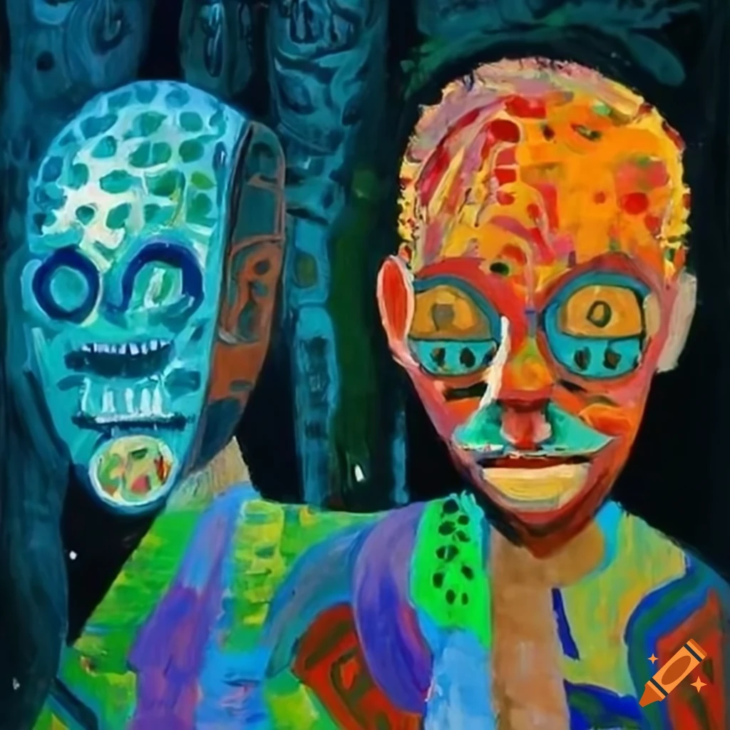 Two boys dancing in a colorful occultic field with African masks and ...