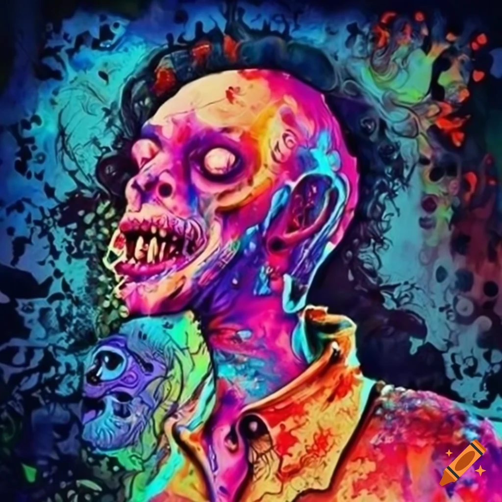 Vibrant 1960s psychedelic neon zombie portrait inspired art on Craiyon