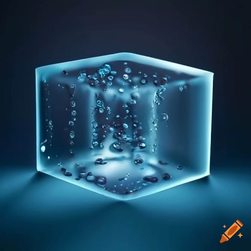 Cube filled with bubbling water inside another hollow cube in a ...