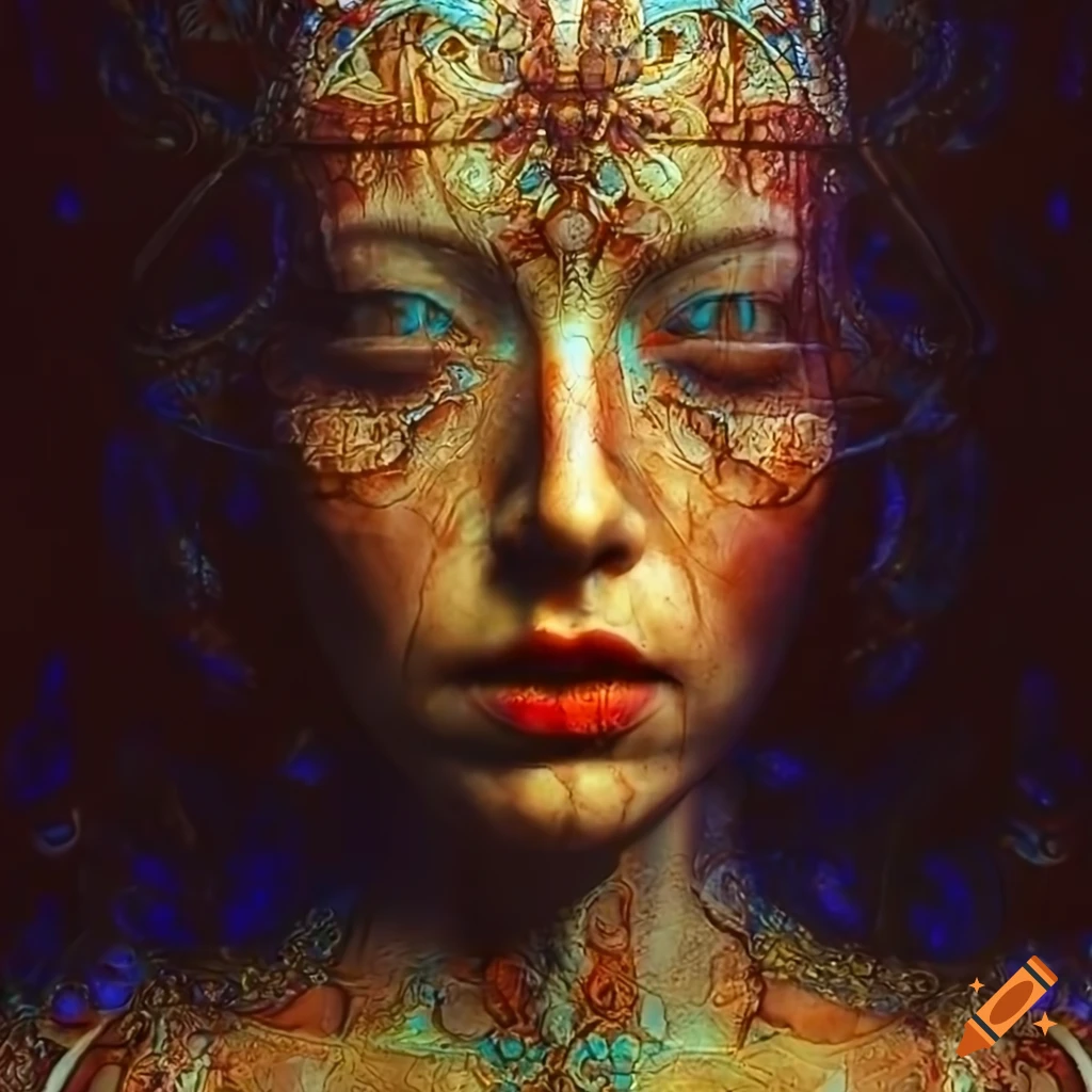 Intricately detailed surrealistic depiction of a woman with stained ...