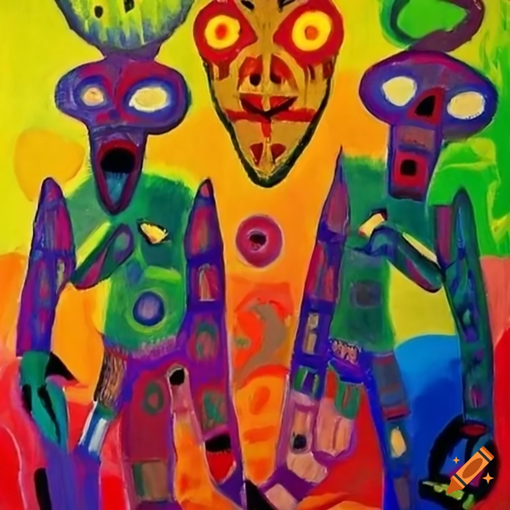 Two boys dancing in a colorful occultic field with African masks and ...