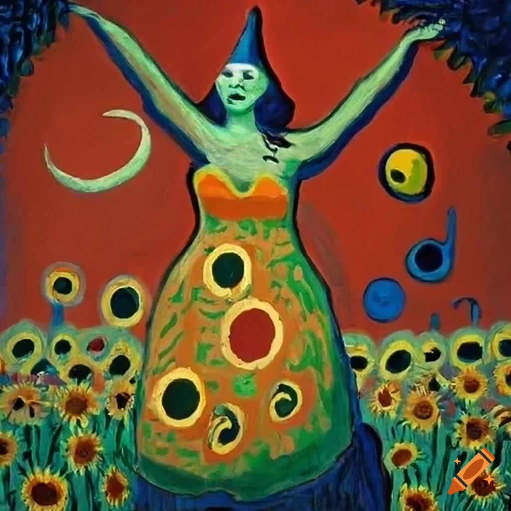 Graceful witch dancing with moon and aliens in field of African masks ...