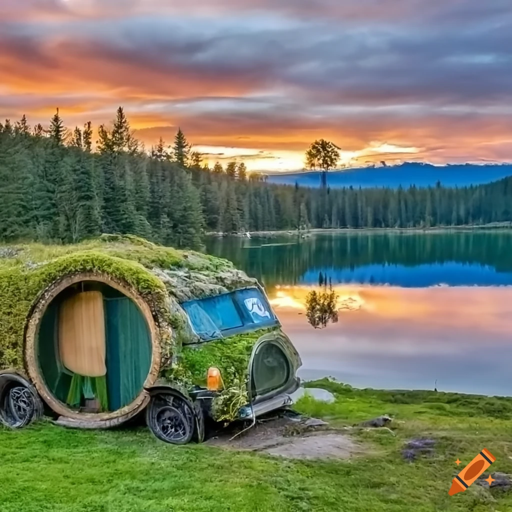 Mossy hobbit camper van by a lake at sunrise with sun reflections on ...