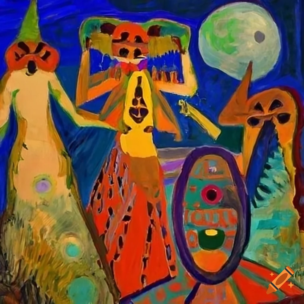 Beautiful witch dancing with moon and aliens among african masks and ...