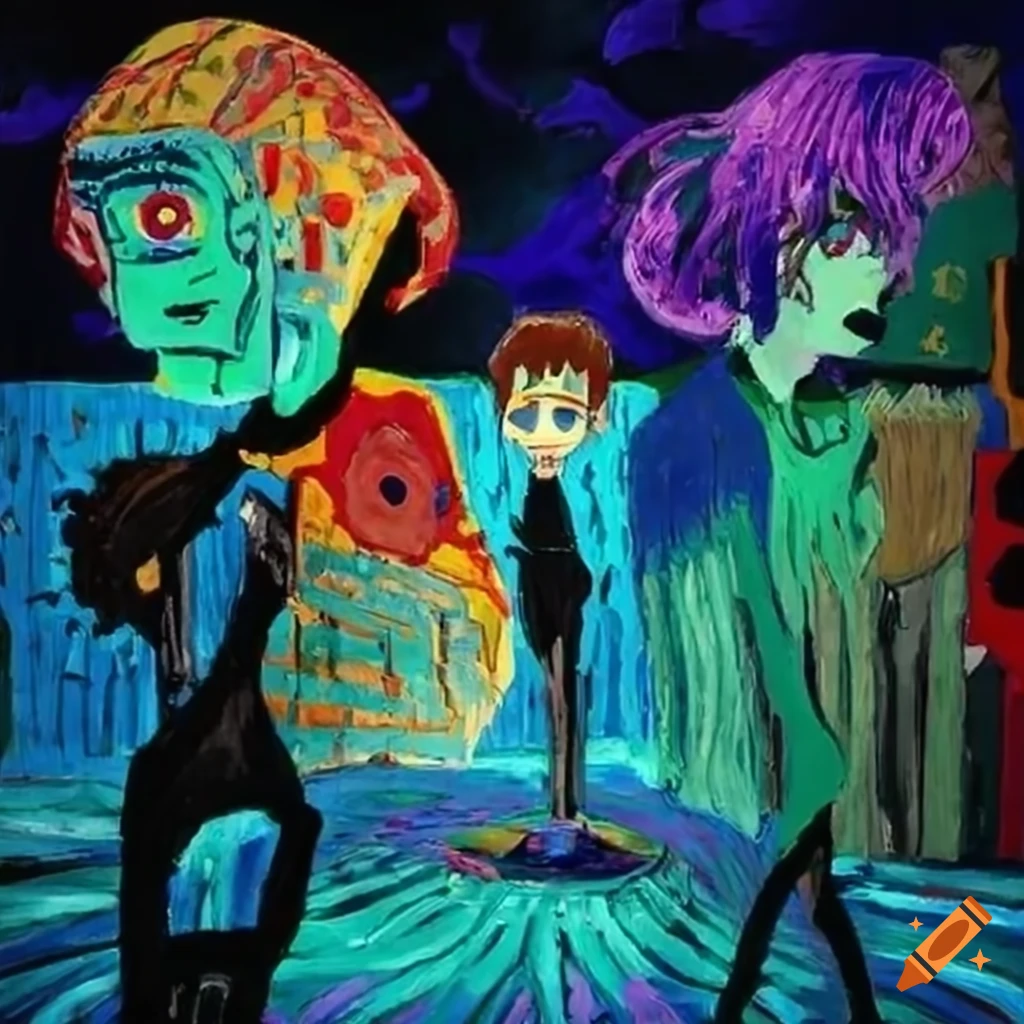 Two tall boys dancing in a colorful occultic field with African masks ...