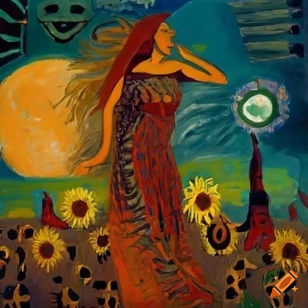 Graceful witch dancing with moon, aliens, African masks, and sunflowers ...