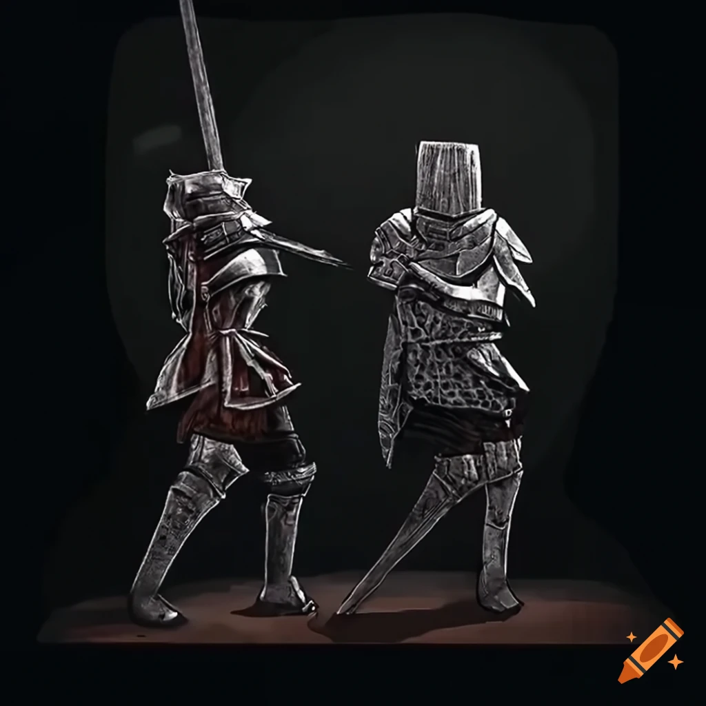 Two knights sparring in a dark and whimsical atmosphere on Craiyon
