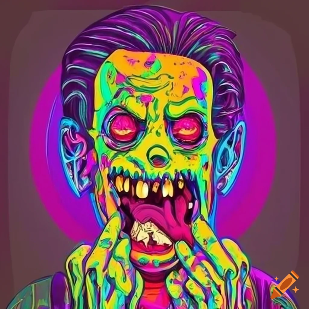 Psychedelic neon zombie portrait from the 1960s with surreal pop ...
