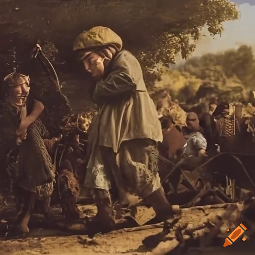 Amusing peasant pulling oversized veggies in a plow field with a long ...