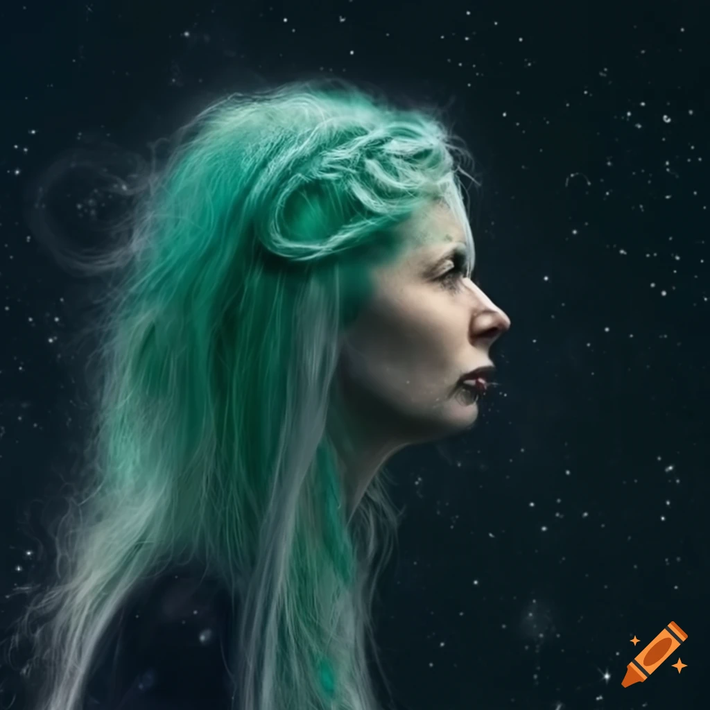 Profile of a wise woman with white and green hair threads under a ...