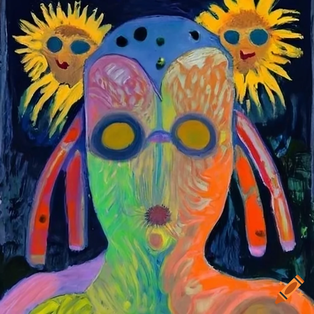Beautiful witch dancing with moon, aliens, and African masks in a ...